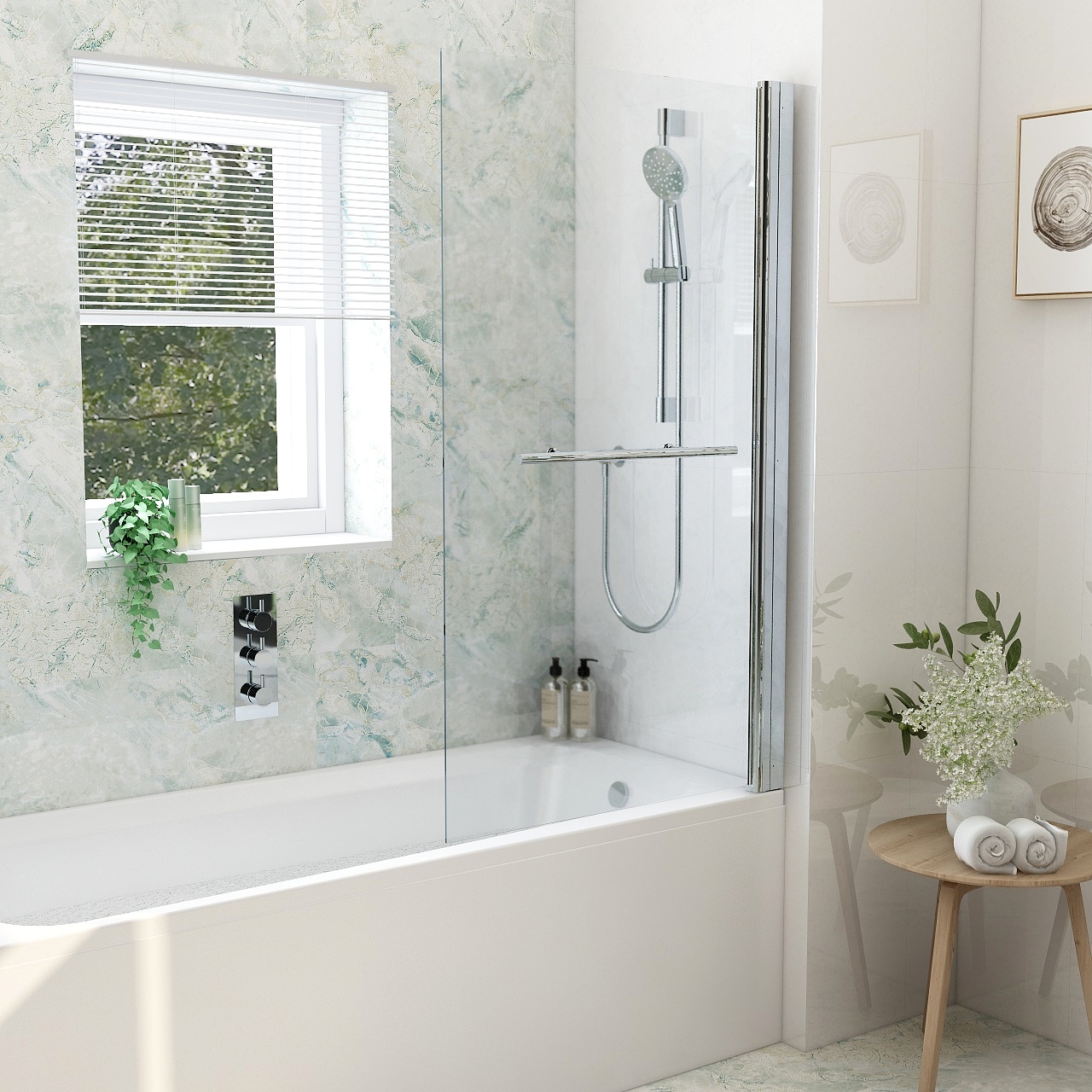 Universal straight bath screen in chrome with handle | Imex UK